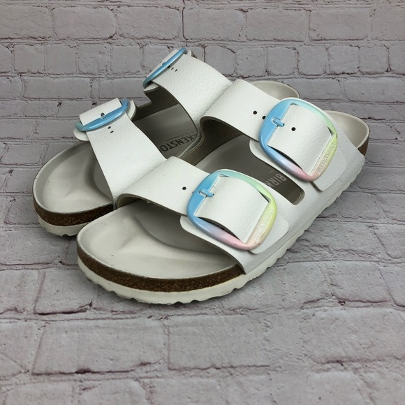 Birkenstock | Shoes | Birkenstock Arizona Big Buckle Rainbow Pastel Ombr White Leather Sandals ...